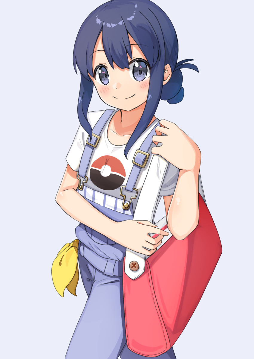 Safebooru - 1girl absurdres bag blue eyes blue hair blue overalls grey ...