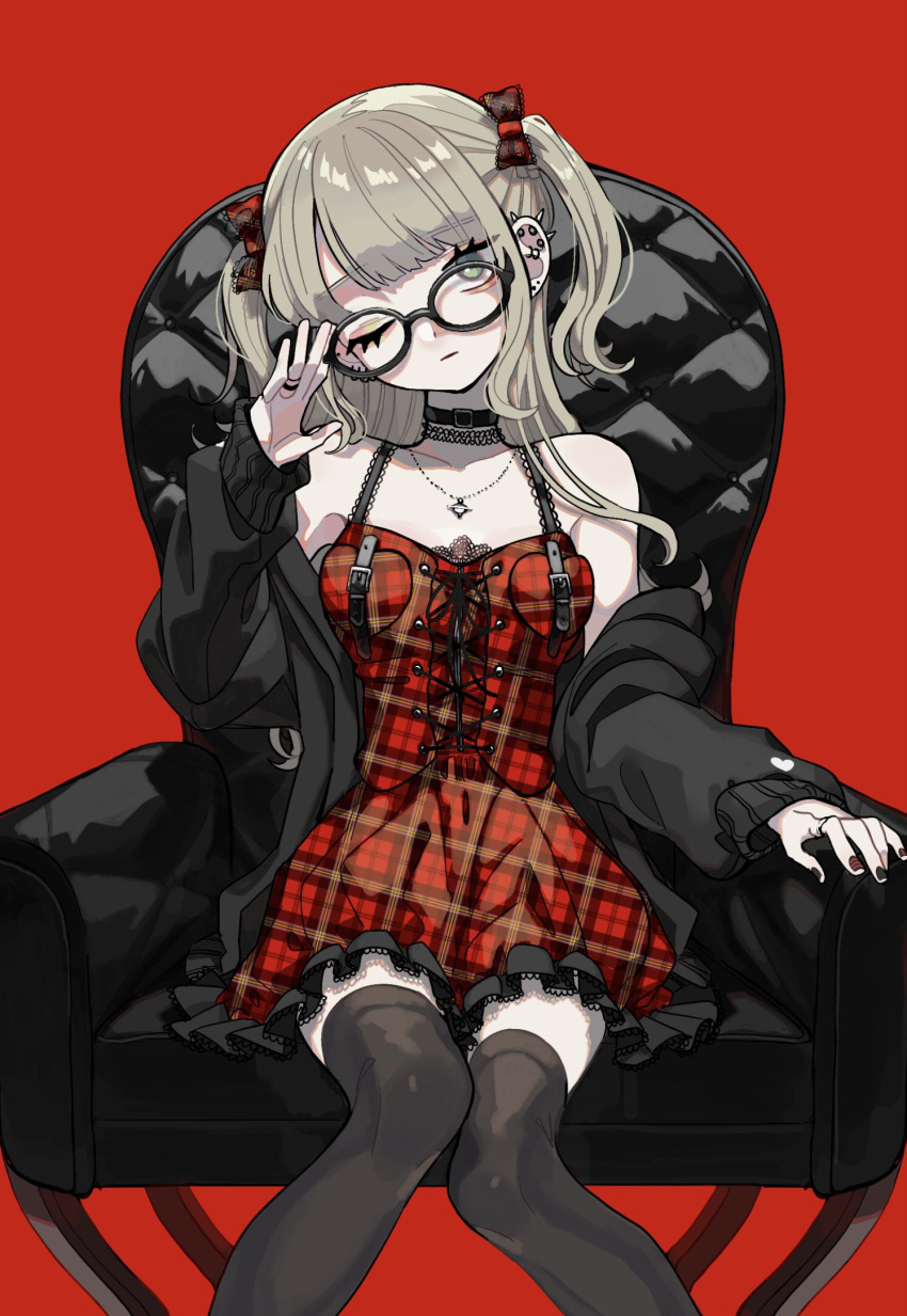 Safebooru - 1girl adjusting eyewear aegyo sal armchair bare shoulders black-framed eyewear black ...