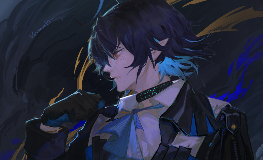 Safebooru - 1boy absurdres arknights ascot black background black gloves black hair black jacket ...