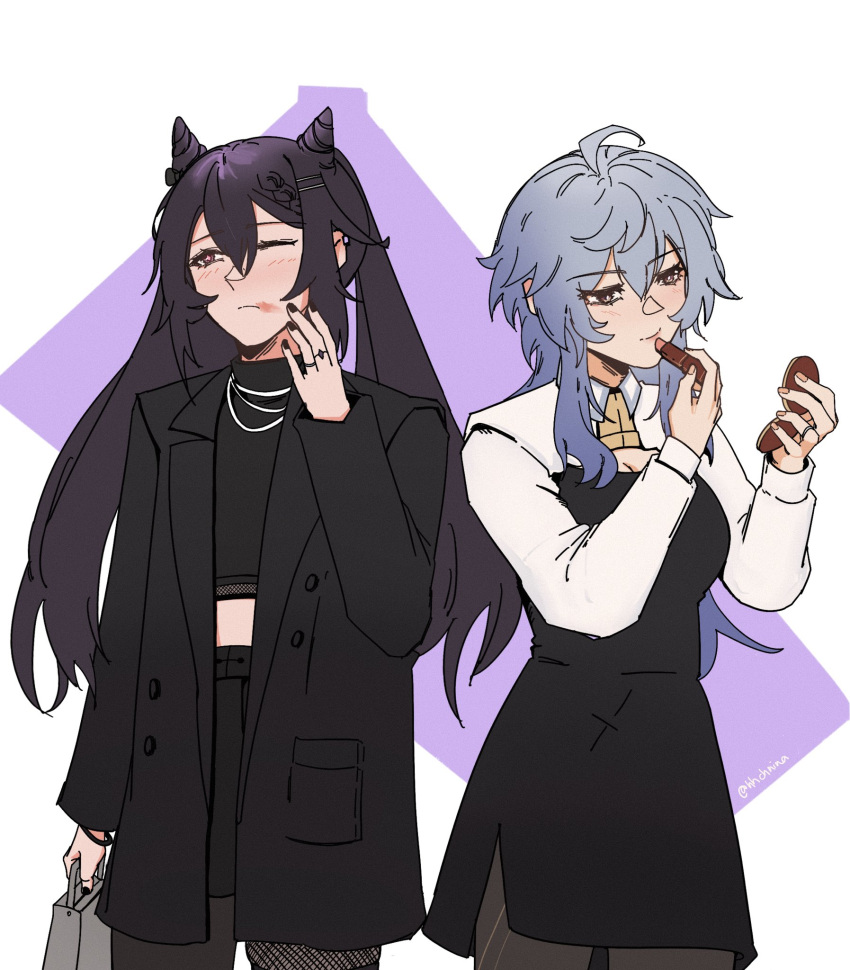 Safebooru - 2girls ahoge applying lipstick applying makeup bag black ...