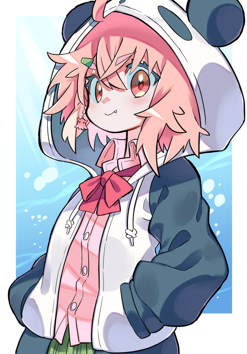 Safebooru - 1girl absurdres ahoge animal hood blush bow buttons closed mouth earrings fang green ...