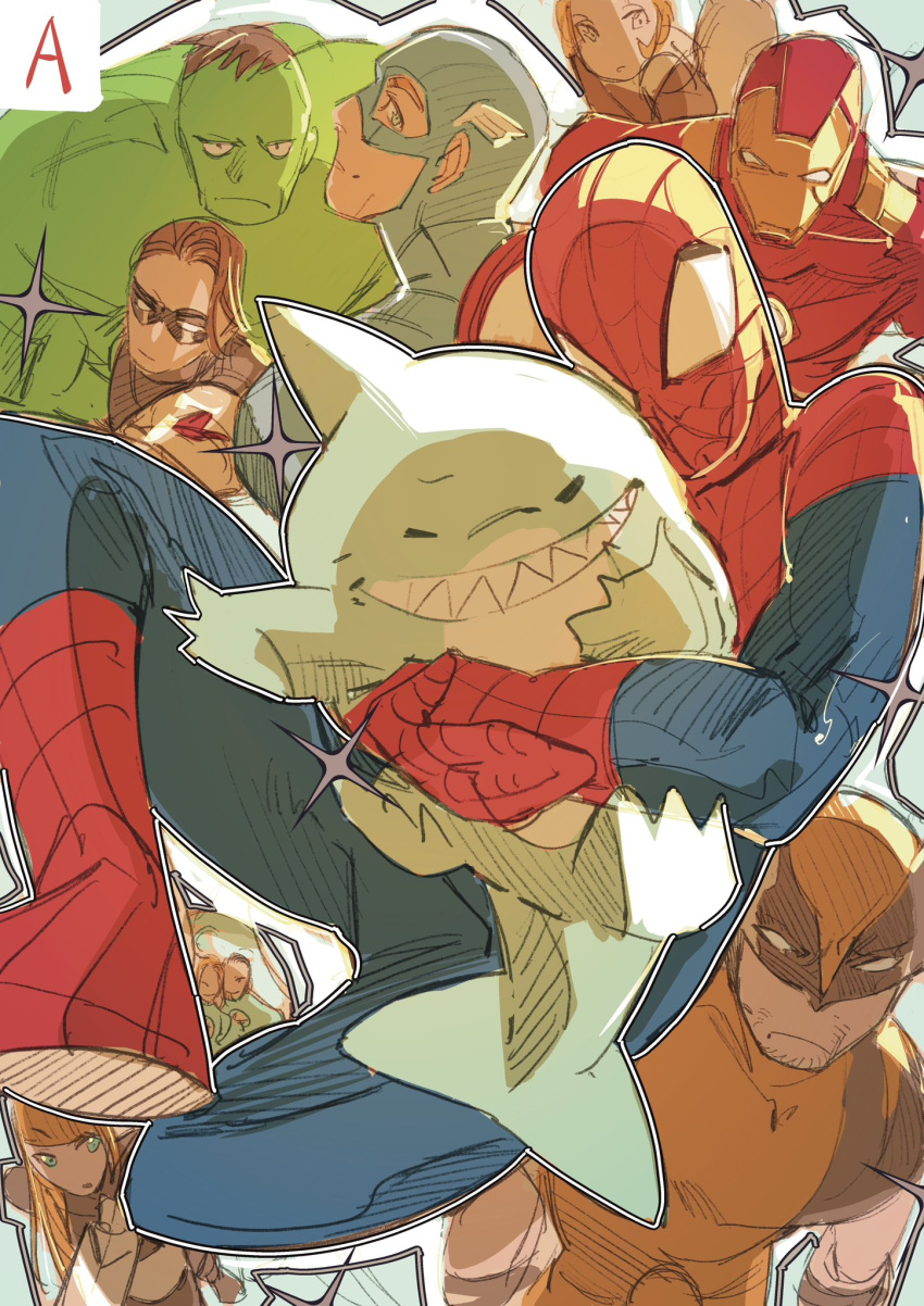 Safebooru - 3girls 6+boys animification arc reactor armor avengers (series) black bodysuit black ...