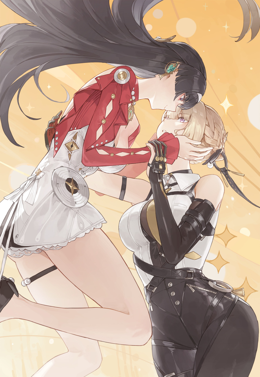 Safebooru - 2girls astra yao black hair black pants blonde hair braid braided bun chest harness ...