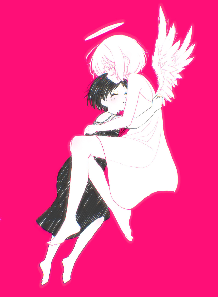 Safebooru - 2girls absurdres angel angel wings black dress black hair closed eyes closed mouth ...
