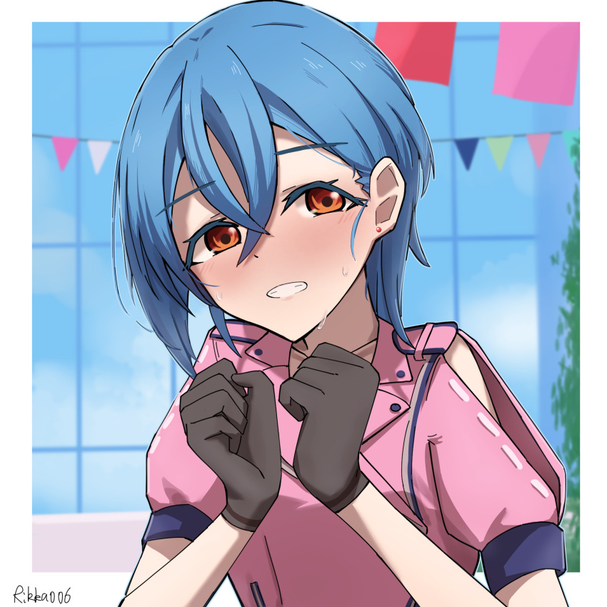 Safebooru - 1girl artist name black gloves blue hair blush border clenched hands clothing cutout ...