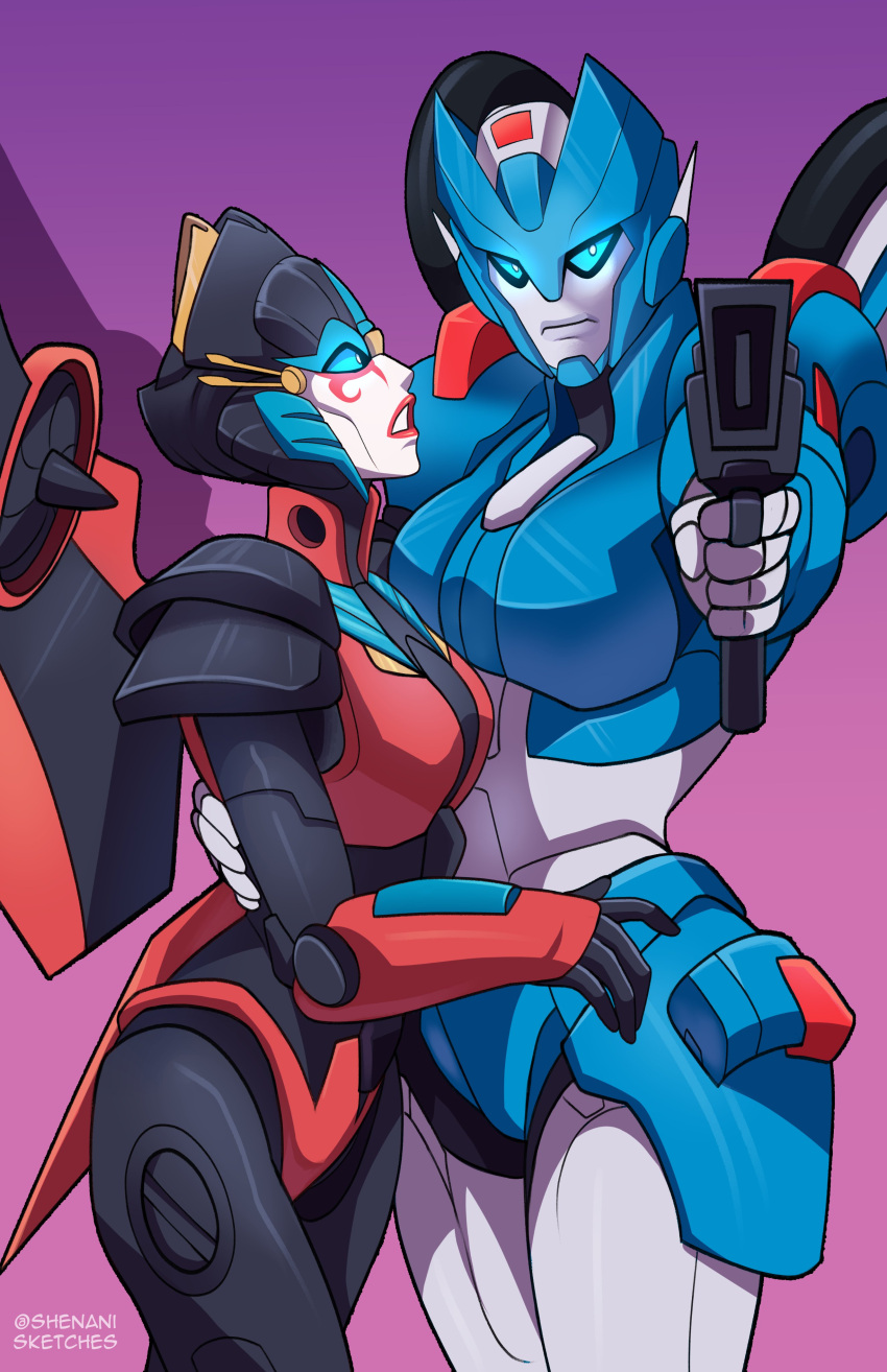 Safebooru - 2girls absurdres airplane wing autobot blue eyes breasts chromia glowing glowing ...