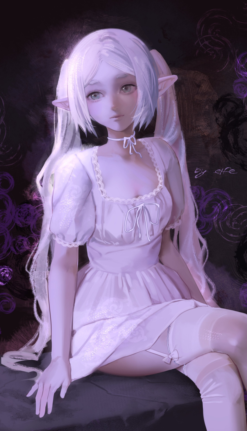 Safebooru - 1girl absurdres artist name breasts closed mouth dress elf elfe frieren garter ...