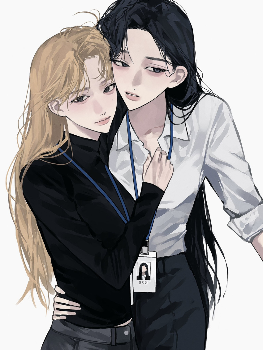 Safebooru - 2girls aegyo sal aespa black hair black skirt black sweater blonde hair cheek-to ...