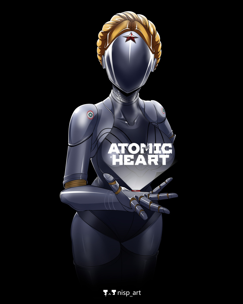 Safebooru - 1girl absurdres android arm behind back artist name atomic heart black background ...