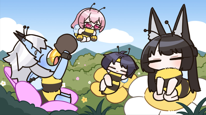 Safebooru - 1boy 3girls alternate costume animal ears asaba harumasa black hair blue sky blunt ...