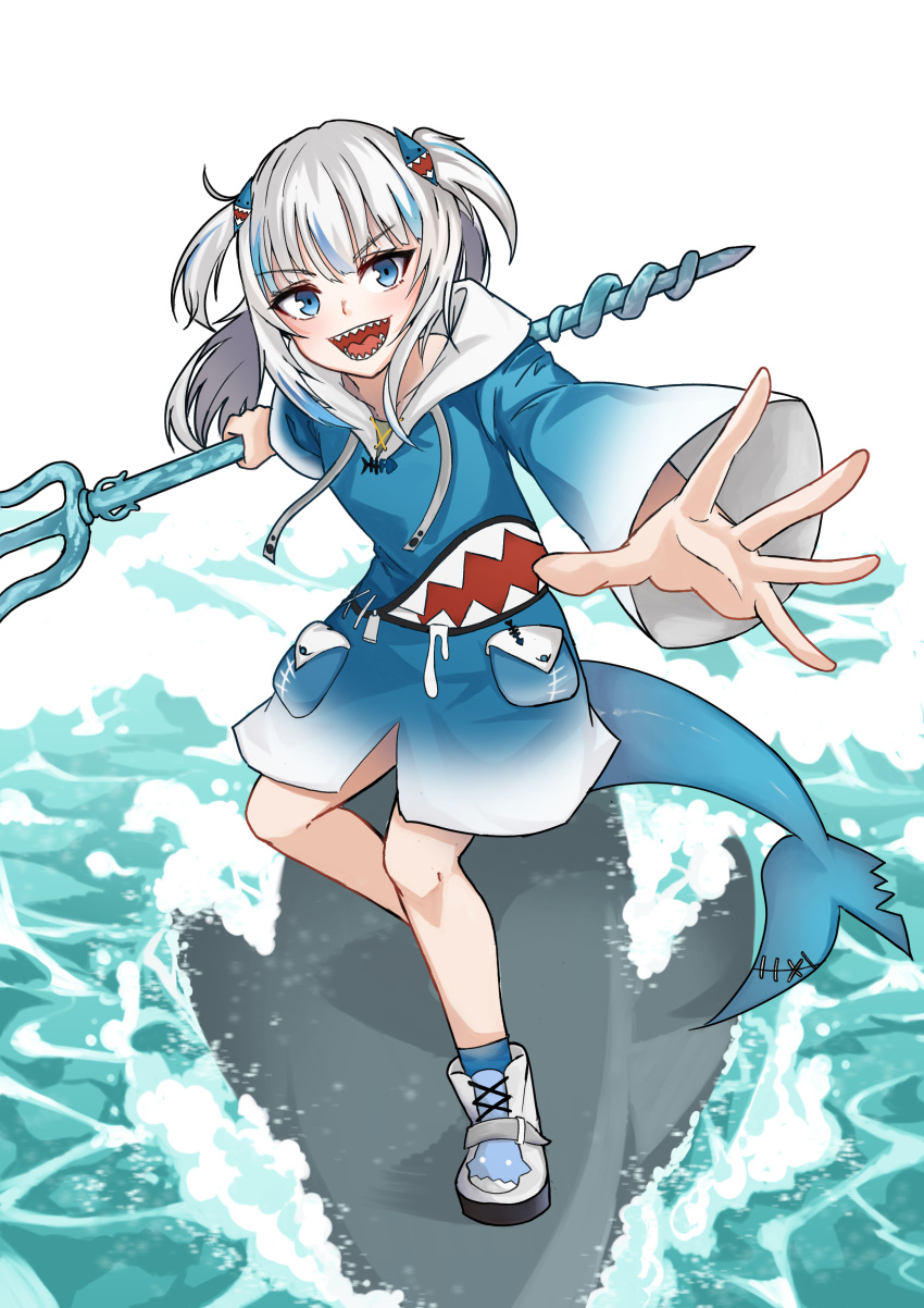 Safebooru - 1girl absurdres akano ruyu blue eyes blue hoodie fins fish ...
