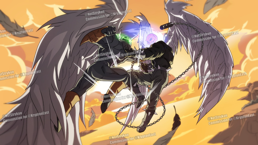 Safebooru - 2boys absurdres angel wings battle black jacket blue fire ...