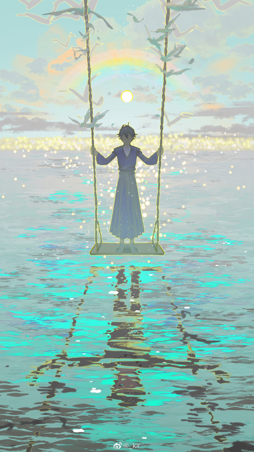 Safebooru - 1boy absurdres barefoot bird black hair blue hanfu blue sky ...
