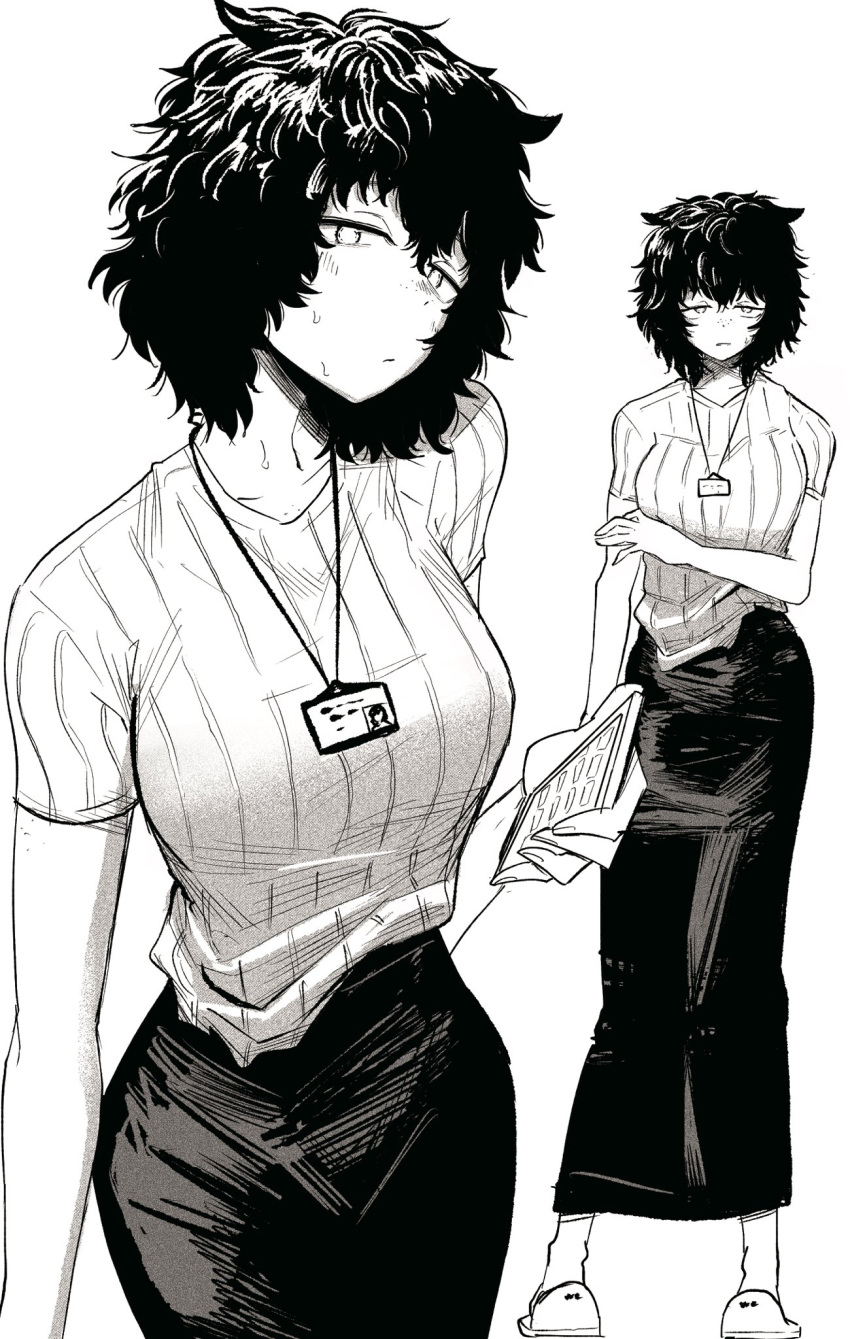 Safebooru 1girl Breasts Cellphone Greyscale Highres Id Card Large 0806