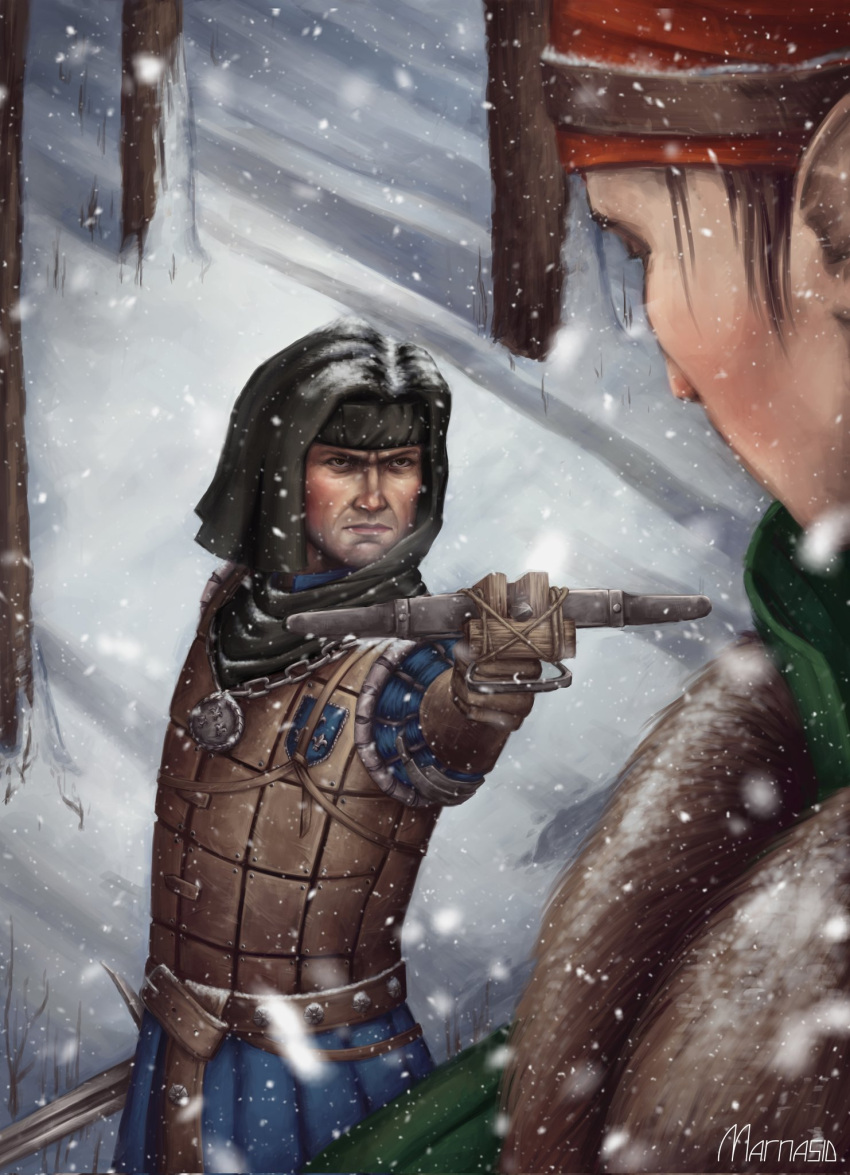 Safebooru - 2boys armor artist name brown gloves brown hair crossbow ...