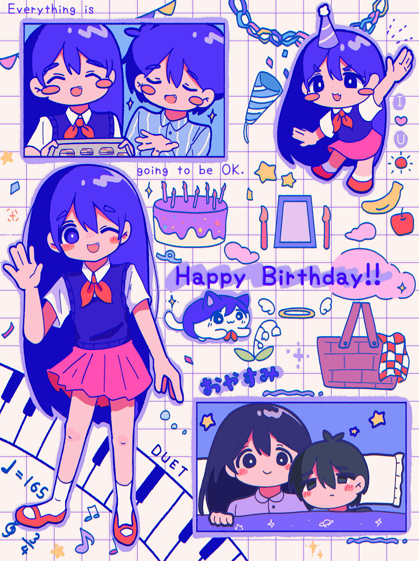 Safebooru - 1girl 2boys black hair blush stickers cake candle chibi ...