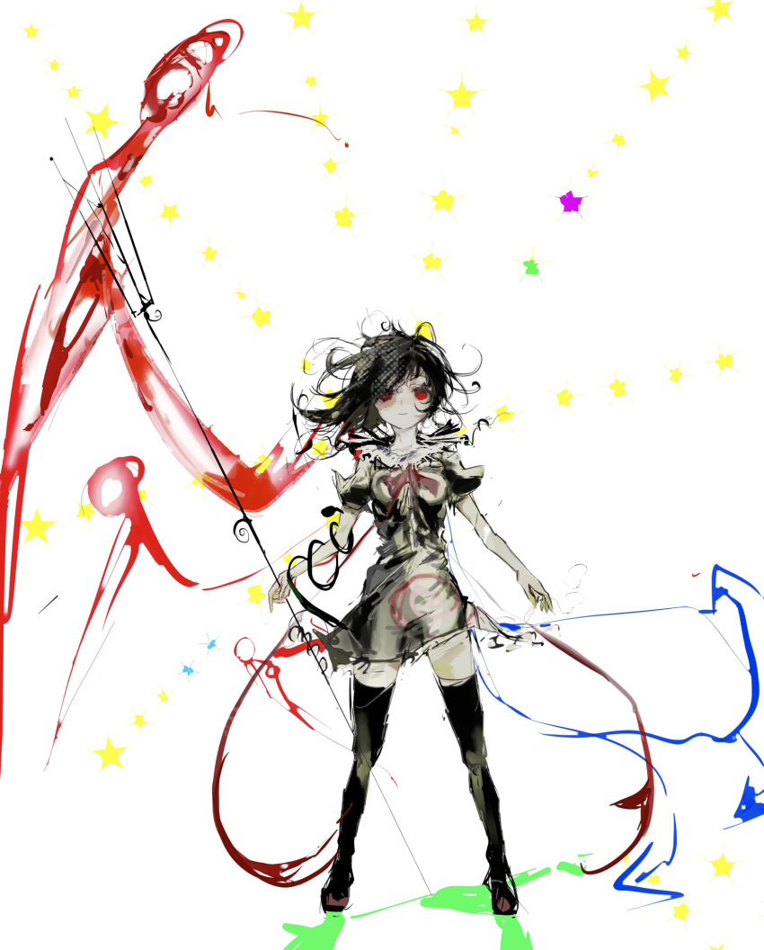 Safebooru - 1girl asymmetrical wings black dress black hair black thighhighs dress full body ...