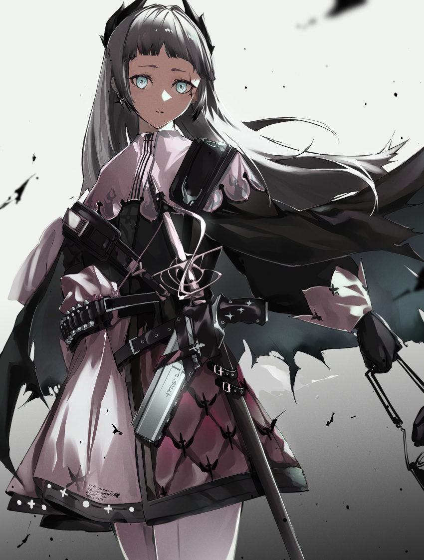 Safebooru - 1girl absurdres ammunition belt arknights black gloves capelet cross cross earrings ...