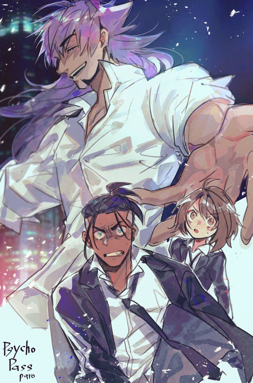 Safebooru - 1girl 2boys absurdres black hair black necktie brown hair ...