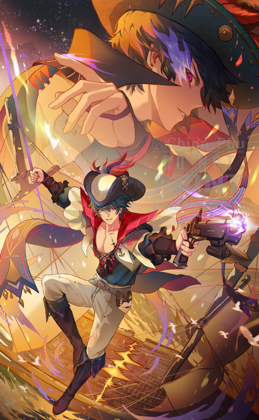 Safebooru - 1boy absurdres aiming artist name black boots blue hair blue shirt boots brant ...