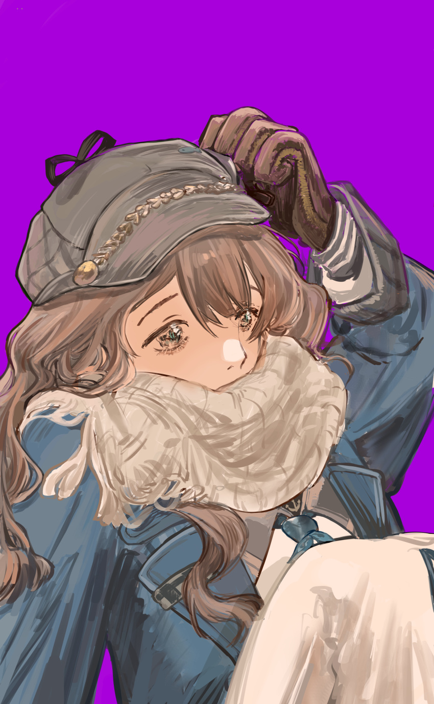 Safebooru - 1girl absurdres arm up blue coat blue eyes blue neckerchief brown gloves brown hair ...