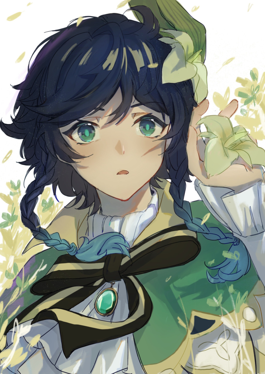 Safebooru - 1boy :o absurdres black bow black hair blue hair bow braid capelet flower frilled ...