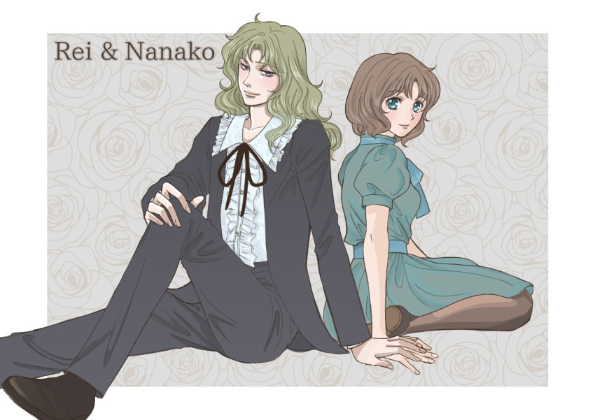 Safebooru - 2girls asaka rei black pants black shoes blue eyes brown hair brown pantyhose brown ...