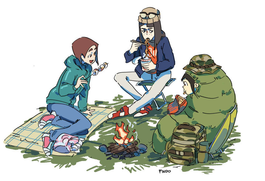 Safebooru - 3girls artist name asakusa midori bag of chips beanie boonie hat brown hair ...