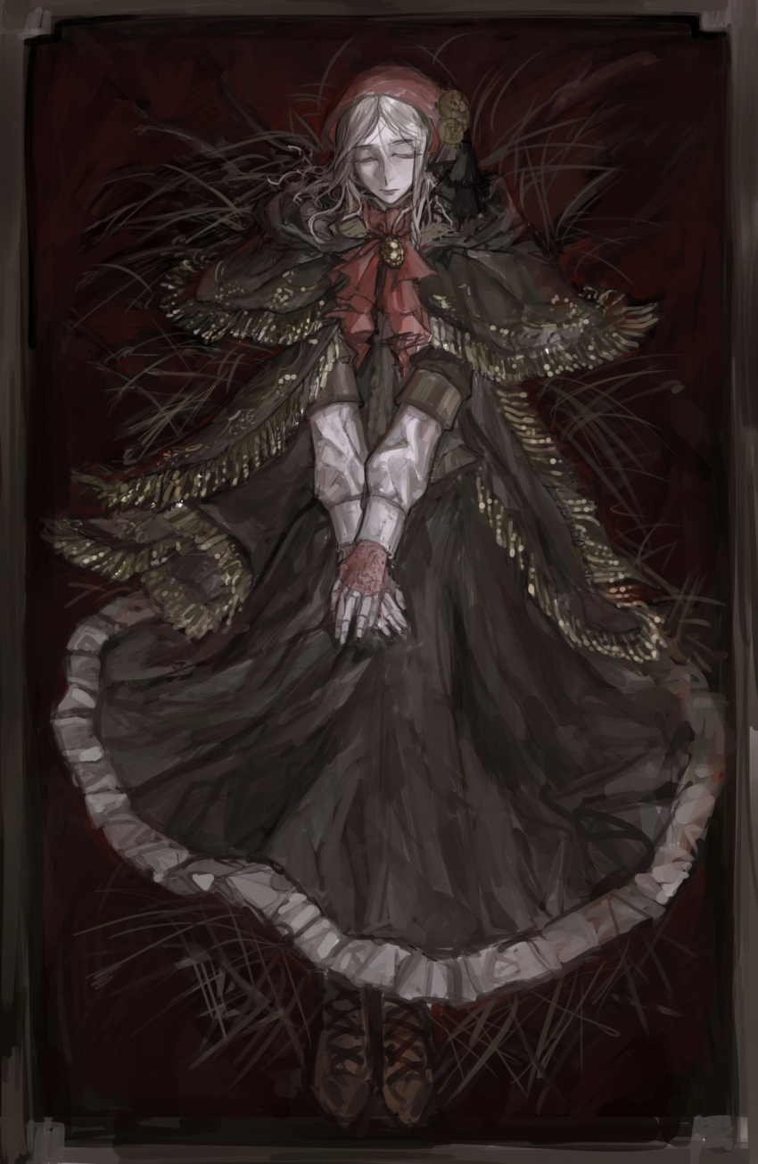 Safebooru - 1girl black cloak black dress bloodborne bonnet brown shoes cloak closed eyes closed ...