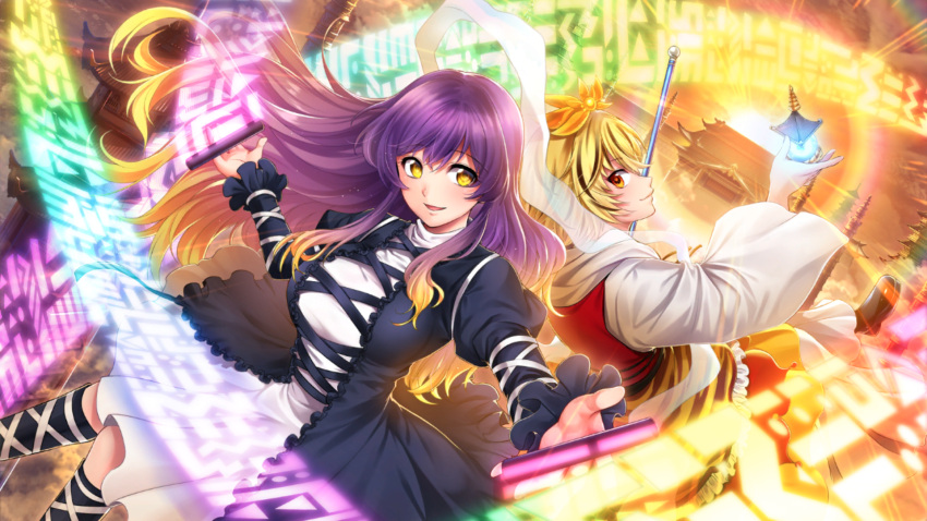 Safebooru - 2girls animal print bishamonten's pagoda black dress black hair blonde hair breasts ...