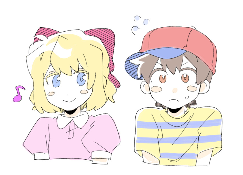 Safebooru - 1boy 1girl baseball cap black hair blonde hair blue eyes bow cyappy1022 dress hair ...