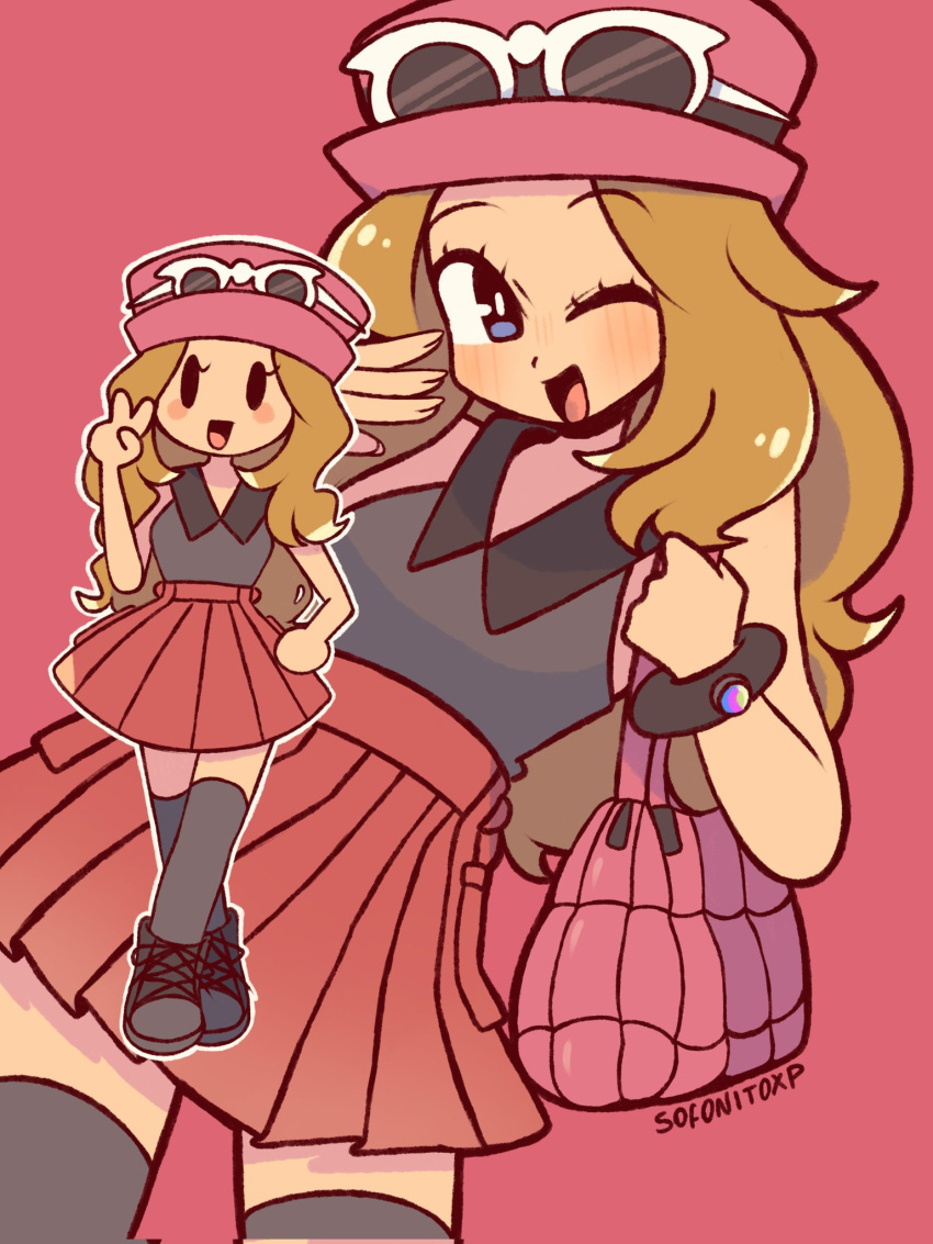 Safebooru - 1girl :d ;d black shirt black thighhighs blue eyes brown hair cowboy shot eyewear on ...