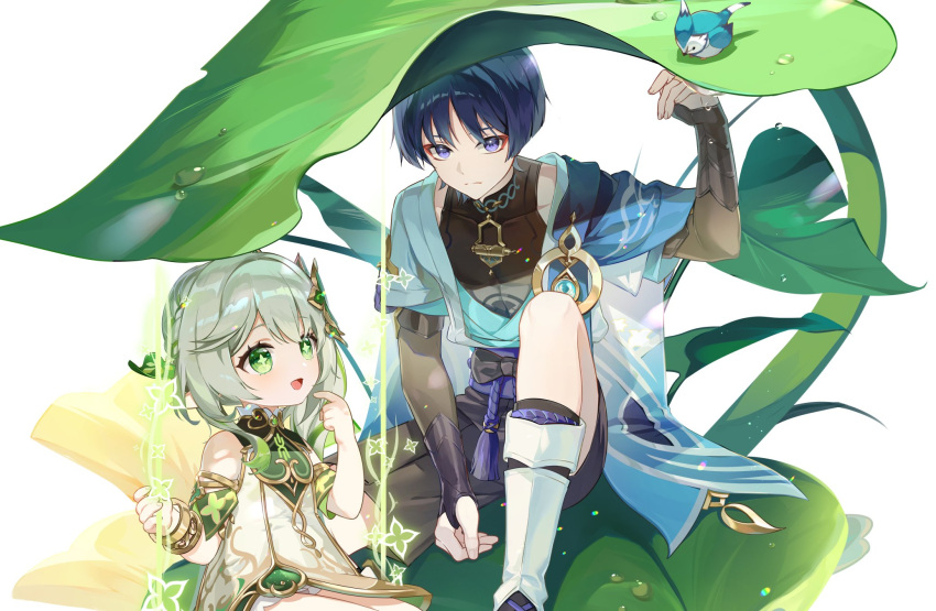 Safebooru - 1boy 1girl anemo symbol (genshin impact) arm up armlet armor belt between legs bird ...