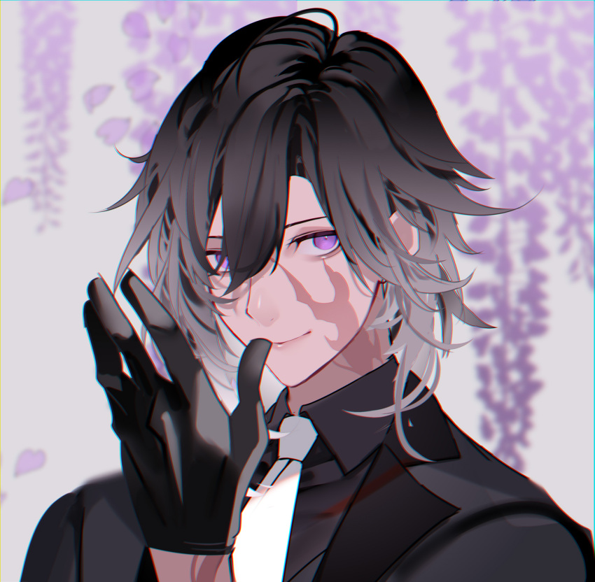 Safebooru - 1boy arm up black gloves black hair black jacket black shirt chinese commentary ...