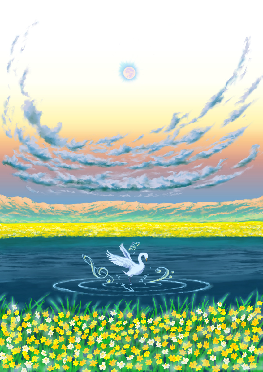 Safebooru - absurdres animal focus bird clouds commentary dawn english commentary flower full ...
