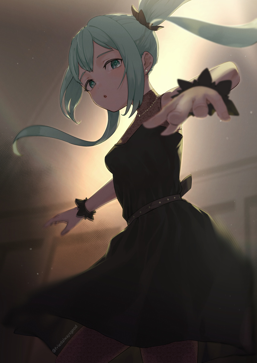 Safebooru - 1girl absurdres alternate costume aqua eyes aqua hair black dress breasts dress fcgc ...