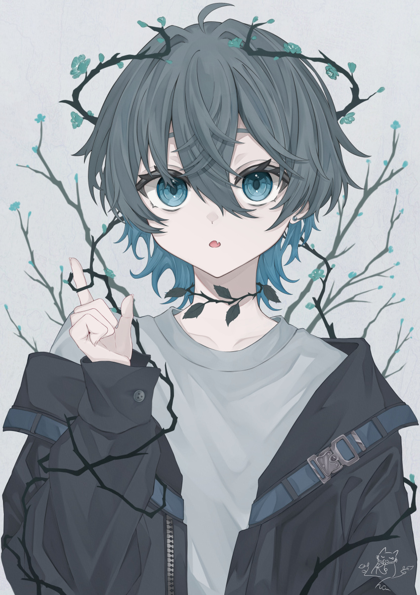 Safebooru - 1boy absurdres ahoge androgynous aqua eyes aqua flower aqua hair bishounen black ...