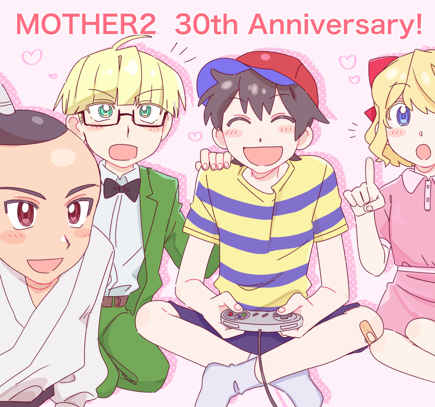 Safebooru - 1girl 3boys absurdres anniversary baseball cap black hair blonde hair blue eyes bow ...