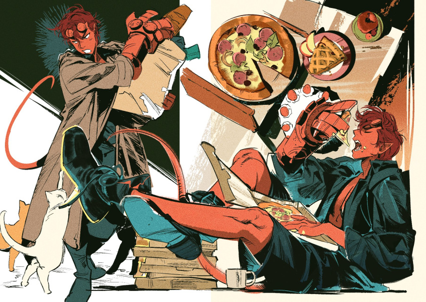 Safebooru - 1boy atie1225 cat coat colored skin food food on face ...