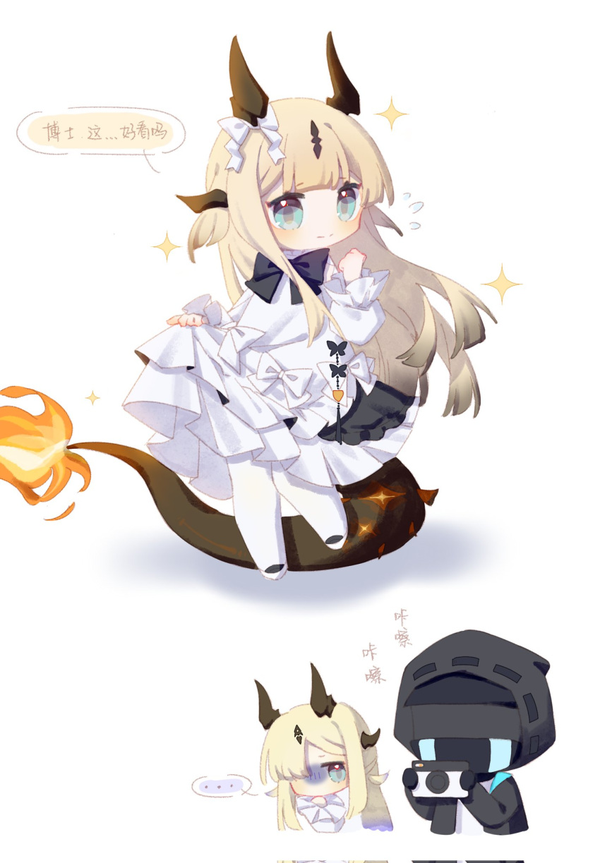Safebooru - ... 1other 2girls aqua eyes arknights black tail blonde hair brown horns camera ...