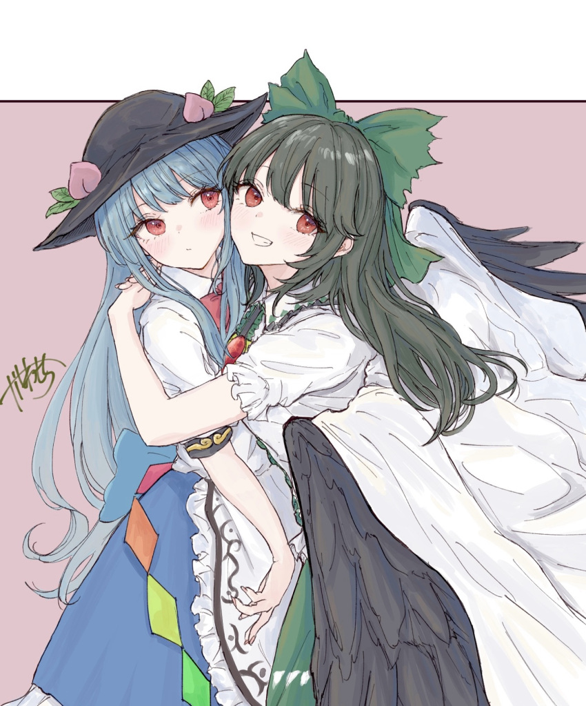 Safebooru - 2girls apron black hat blue dress bow dress green bow hair bow hat highres hinanawi ...