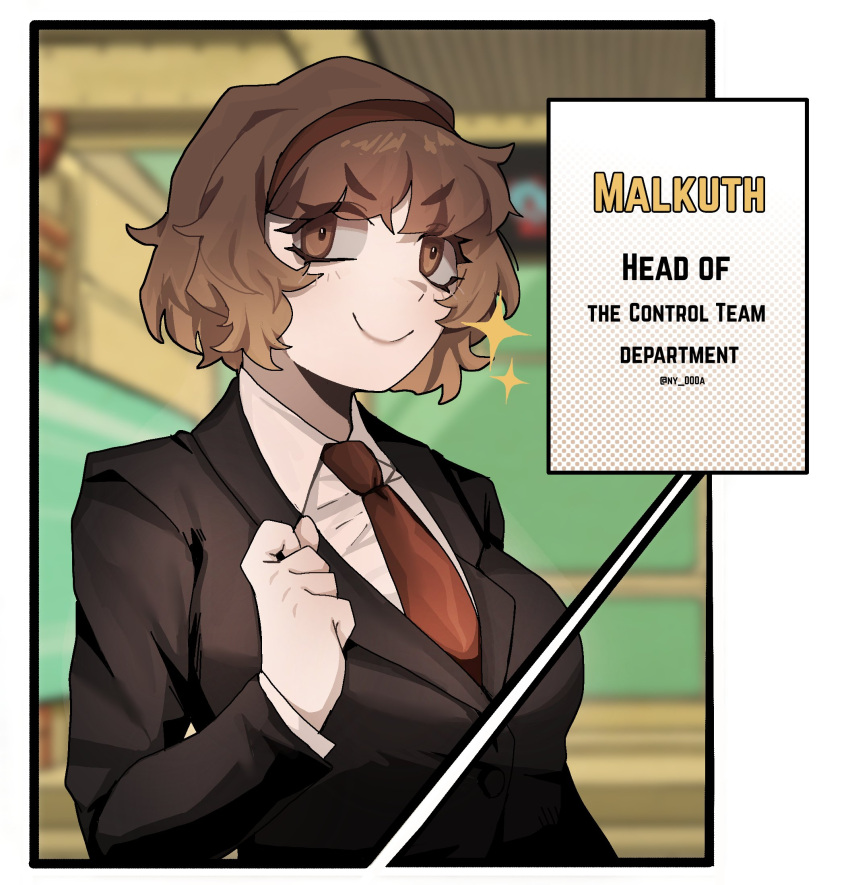 Safebooru - 1girl arm up black suit brown eyes brown hair character name collared shirt english ...