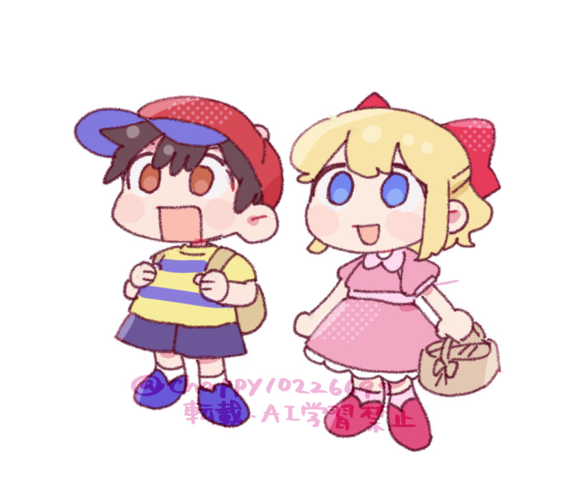 Safebooru - 1boy 1girl baseball cap black hair blonde hair blue eyes bow cyappy1022 dress hair ...
