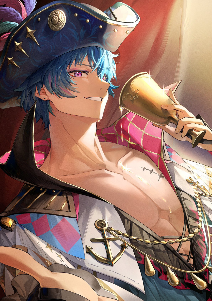 Safebooru - 1boy blue hair brant (wuthering waves) collarbone commentary cup english commentary ...