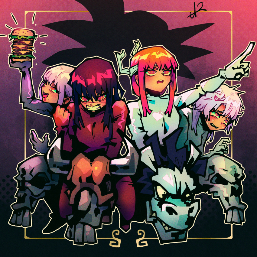 Safebooru - 1boy 4girls absurdres alpharecdyt black bodysuit black hair bodysuit bread burger ...