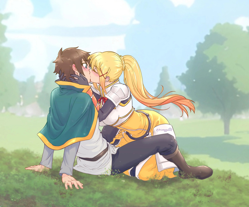 Safebooru - 1boy 1girl absurdres aqua capelet arm support armor artist name belt black gloves ...