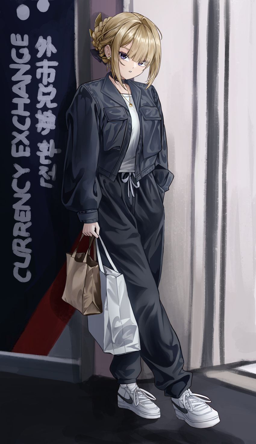 Safebooru - 1girl absurdres alternate costume bag black jacket black pants blonde hair casual ...