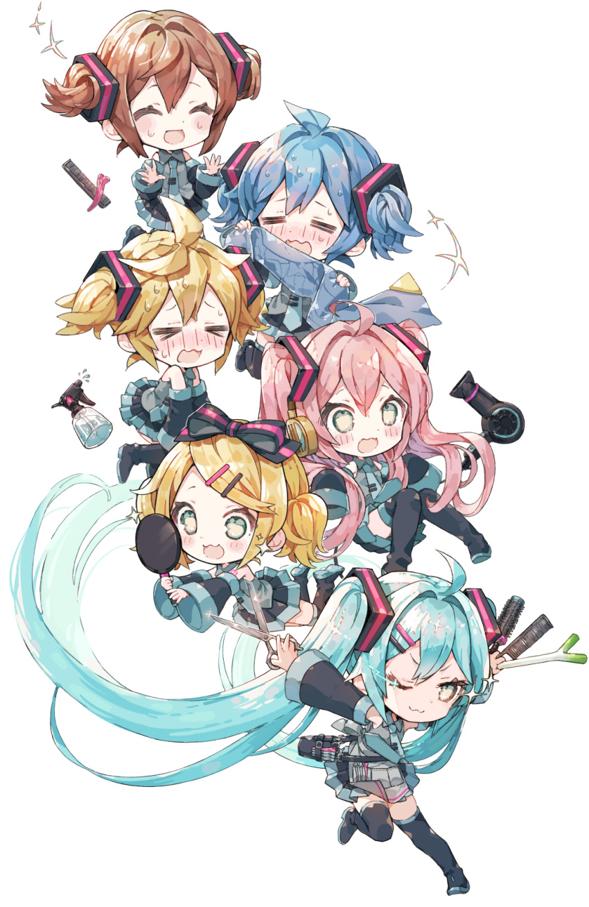 Safebooru - 2boys 4girls aqua hair aqua necktie black sleeves blonde ...