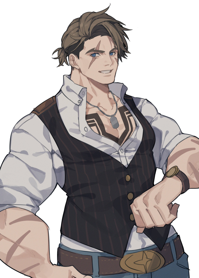 Safebooru - 1boy absurdres arm up belt belt buckle black vest blue eyes blue pants brown belt ...