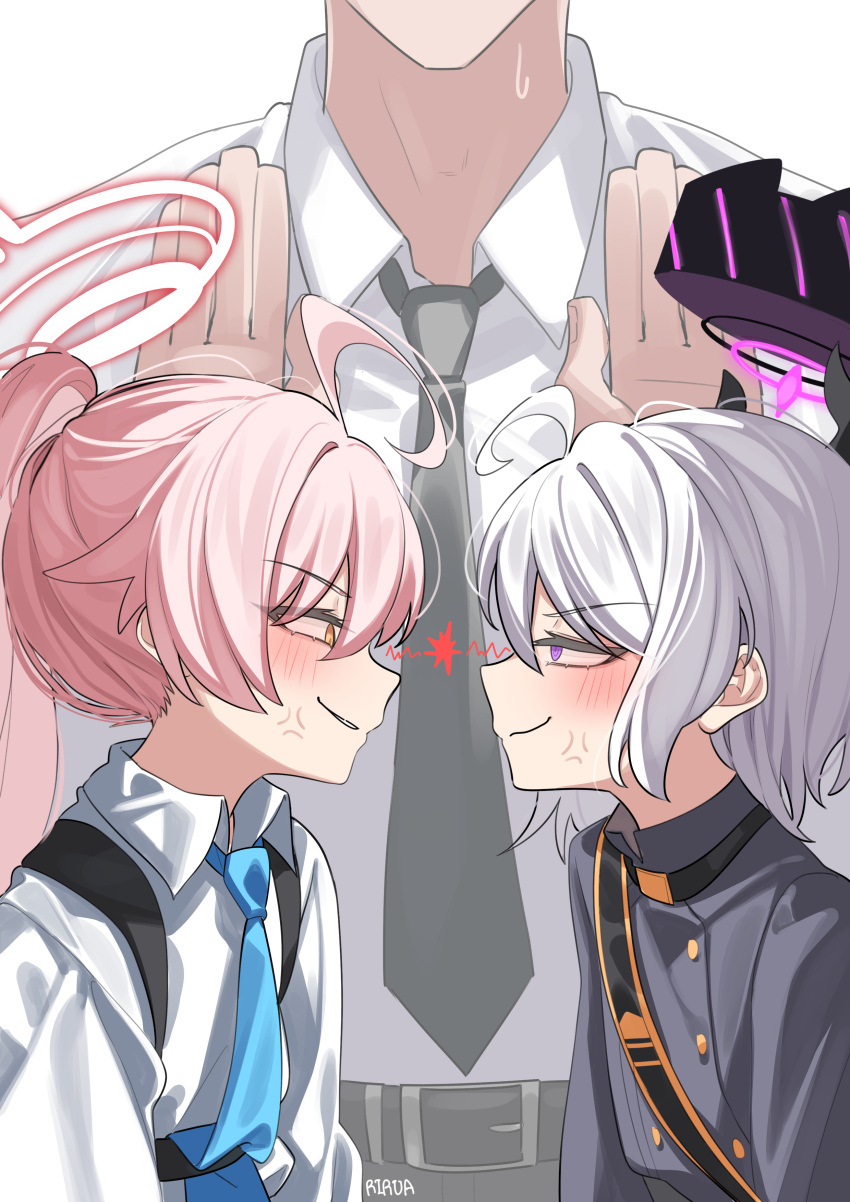 Safebooru - 1boy 2girls absurdres anger vein angry black necktie black ...